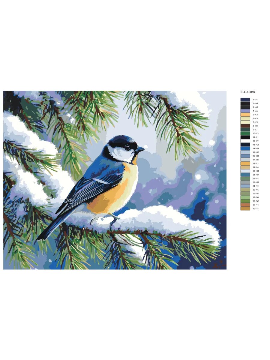 Картина по номерам, 40 x 50, ELLU-0016, зима синица на ветке