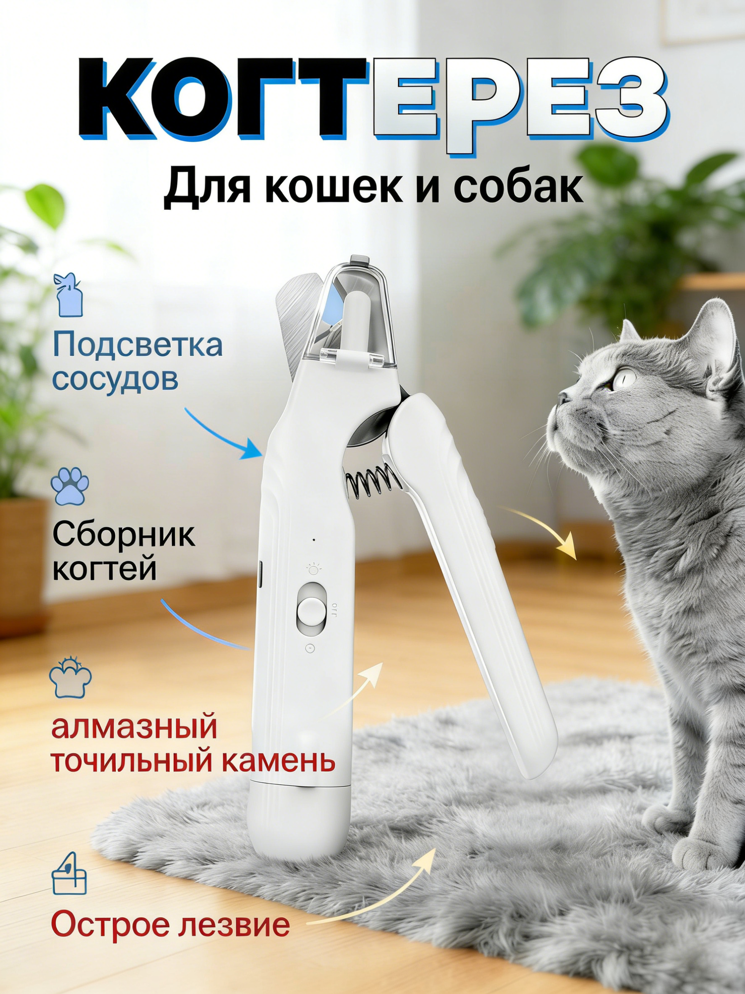 Когтерезка с подсветкой и контейнером для кошек и мелких-средних собак с ограничителем длины реза