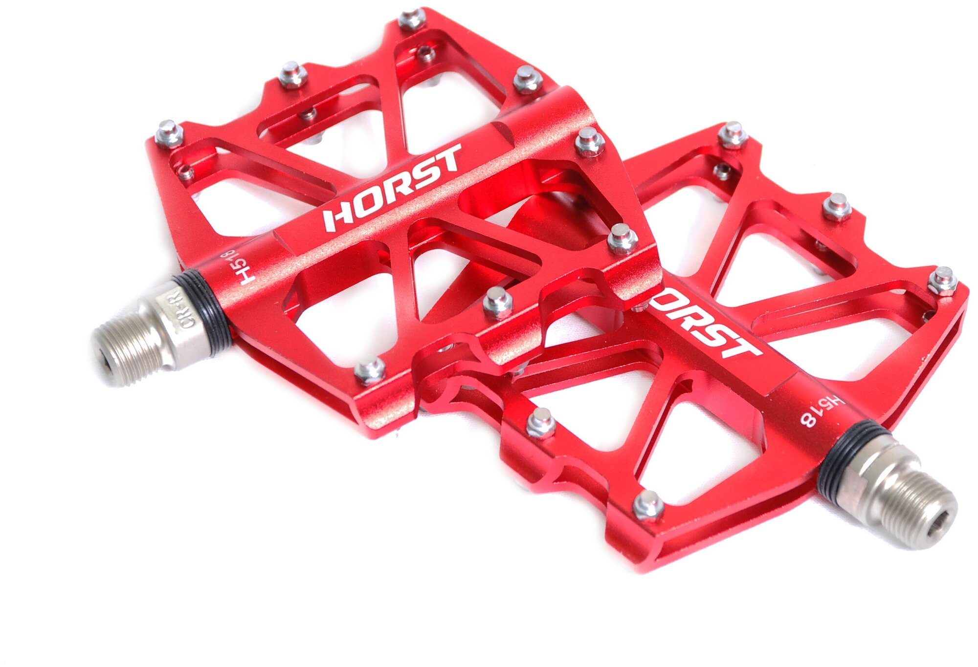 Педали для велосипеда алюминиевые H518 широкие, ось Cr-Mo с 4-мя герметичными промподшипниками сменными шипами 91*101*11мм, 340 г красные HORST