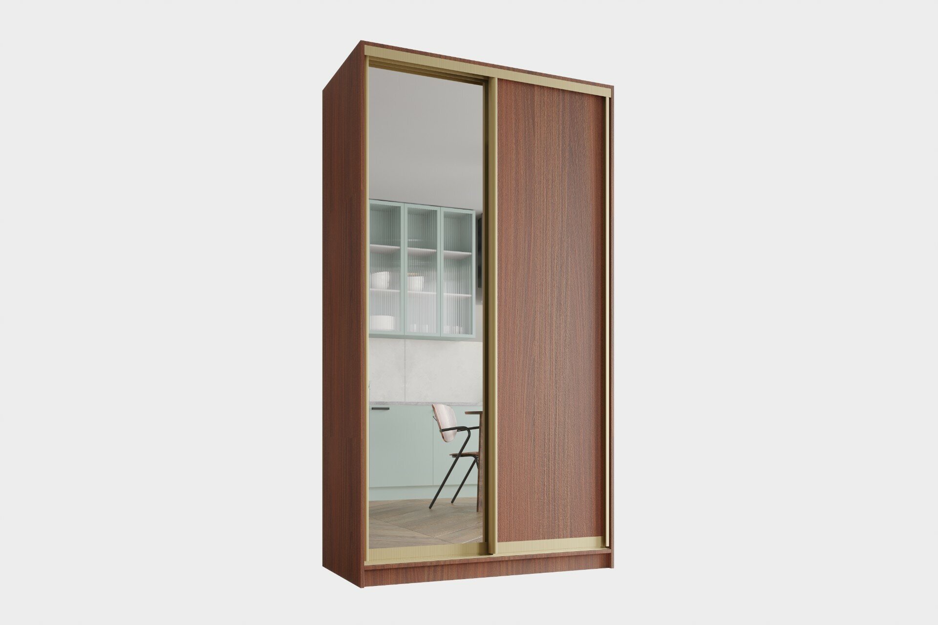 Шкаф купе, для одежды Барри 2, Легкомаркет, 120х60х220, белье/платье, с ящиками, орех экко, профиль золото, с зеркалом