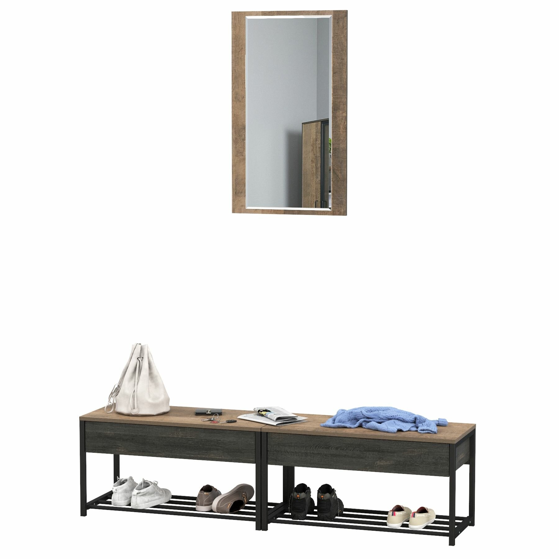 Две тумбы для обуви с сиденьем и зеркалом Трувор, цвет дуб гранж песочный/интра, ШхГхВ 160х36,6х195 см.