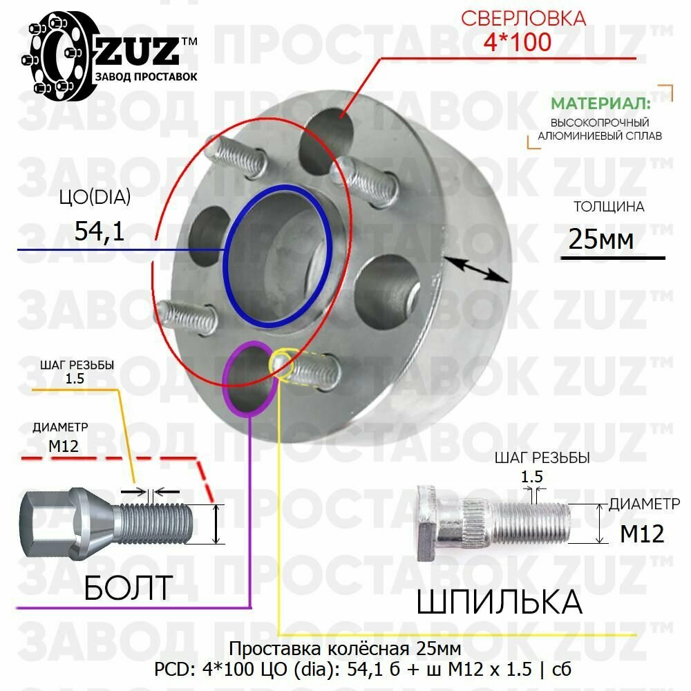 Проставка колёсная 1 шт 25мм 4*100 ЦО 54,1 Крепёж в комплекте Болт + Шпилька М12*1,5 ступичная с бортиком для дисков 1 шт на ступицу 4x100 4х100