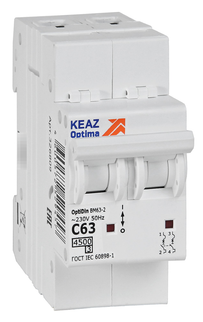Автоматический выключатель КЭАЗ OptiDin BM63-2C63-4.5-УХЛ3, 2P 63А характеристика С 4.5кА с двумя заглушками, 326809 / электроавтомат
