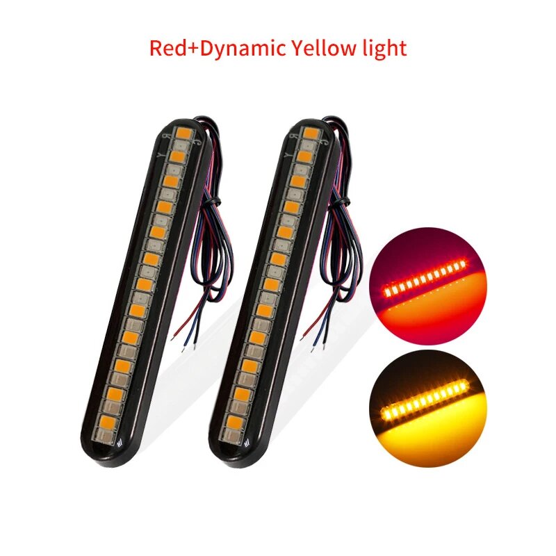 24LED мотоциклетный указатель поворота, мини-светодиодная лента, течет воды, подсветка номерного знака, задний стоп-сигнал, задний индикатор постоянного тока 12 В 2P Red to Yellow