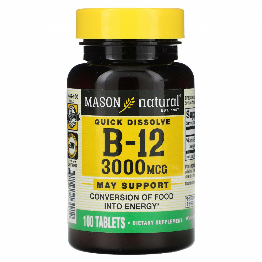 Mason Natural, быстрорастворимый витамин B12, 3000 мкг, 100 таблеток