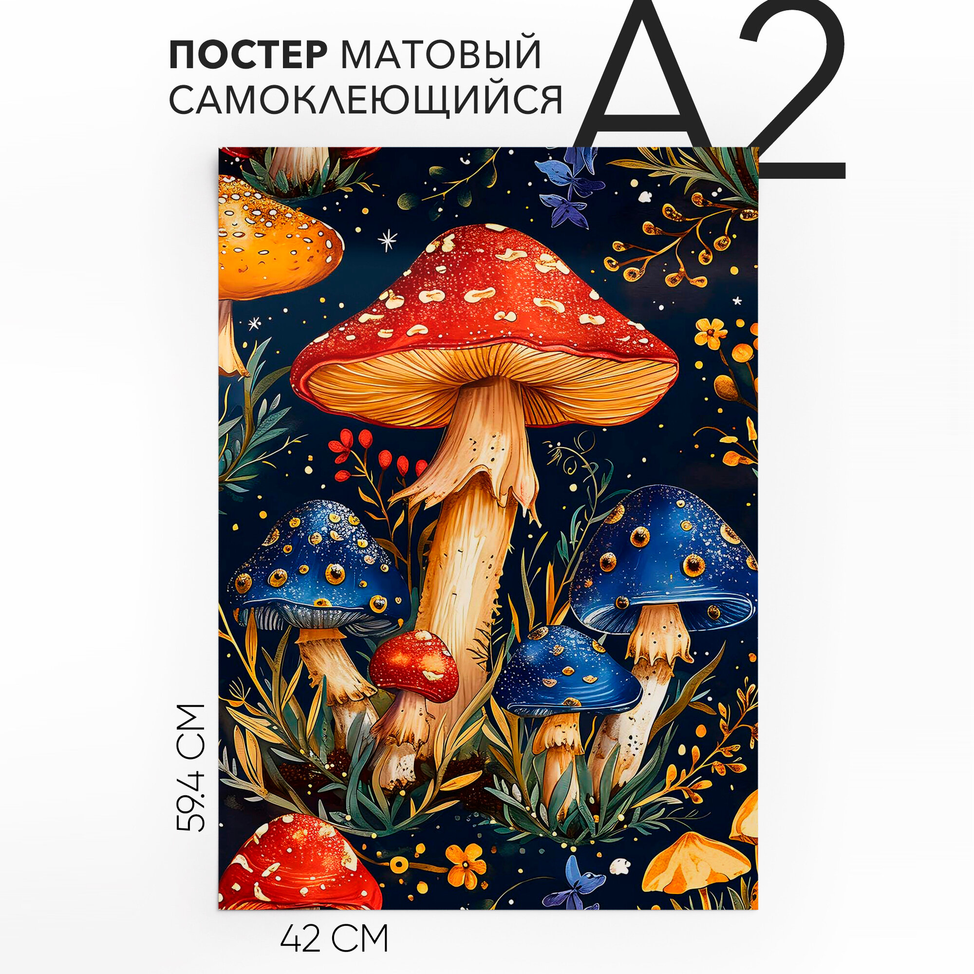 Постер на стену самоклеящийся, большой A2 Мухомор, влагостойкий, для декора
