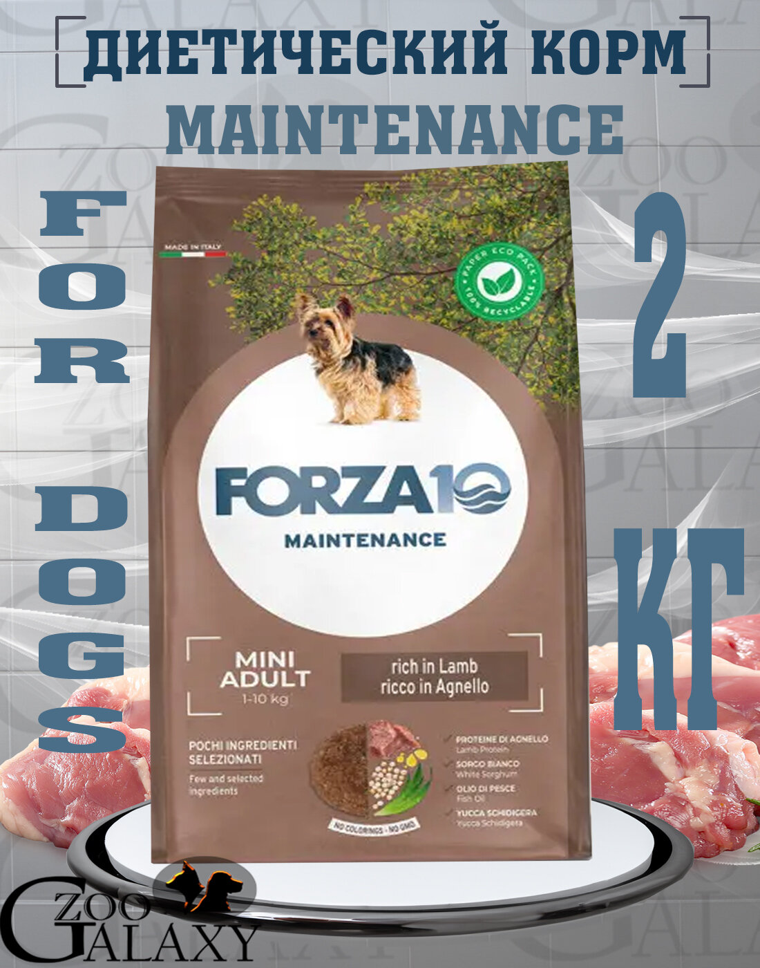 FORZA10 Корм сухой для взрослых собак мини-пород Maintenance ягненок 2кг
