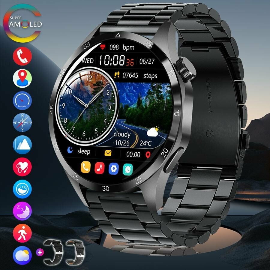 Стильные смарт часы мужские Limited Edition 2025, Series 4 Pro Max, 3 ремешка, 47mm, черный, NFC, с функцией вызова по Bluetooth