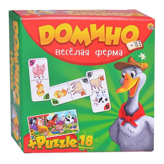 Домино Рыжий кот и пазлы (18 элементов) Веселая ферма (ИН-6753)