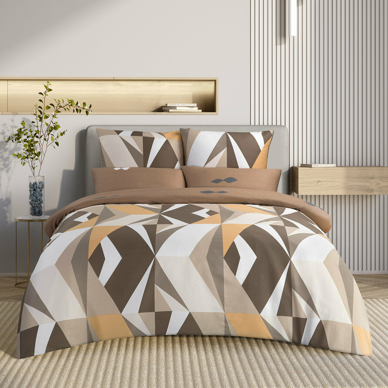 Постельное белье 2-спальное с пододеяльником на молнии Гармоника "Хюгге", сатин, белый, коричневый, бежевый, Ecotex