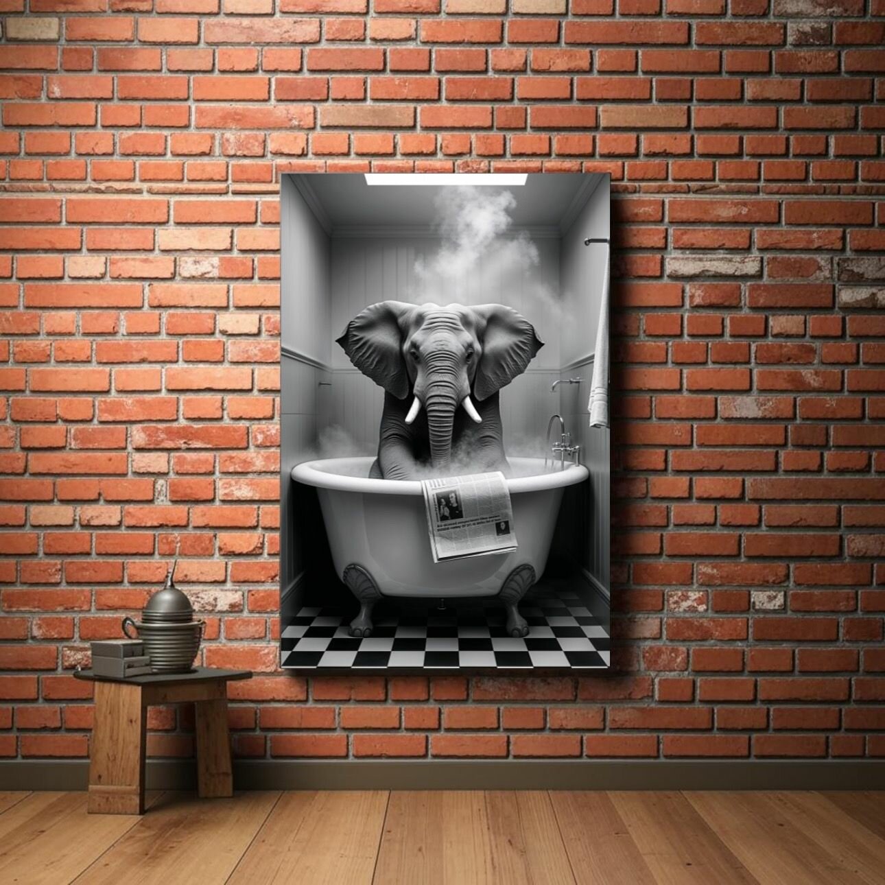 Картина в санузел, Слон читает газету в ванной, 20*30 см