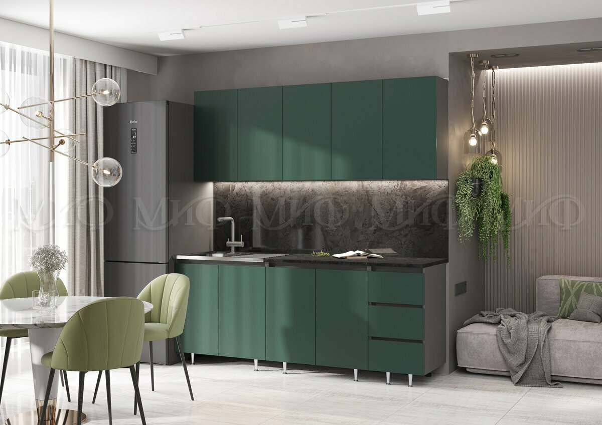 Кухня Миф Челси 2,0м фасады Изумруд, корпус Графит столешница Кастилло