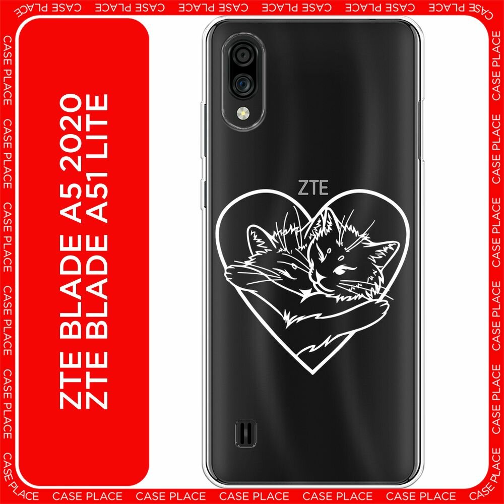 Чехол на ZTE Blade A51 lite/A5 (2020) с принтом "Влюблённые котики рисунок 2 - 14 февраля", прозрачный