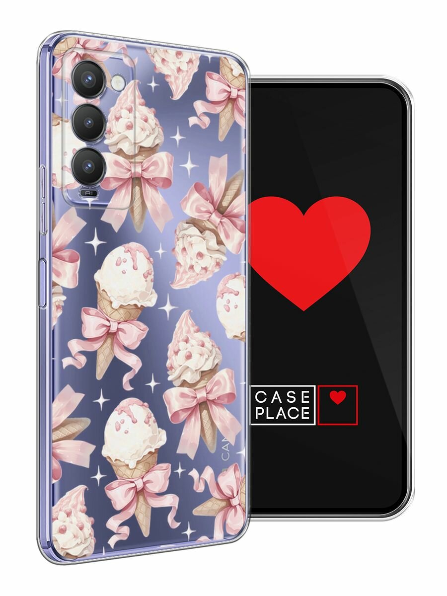 Чехол на Tecno Camon 18/18T / Текно Камон 18/18T с принтом "Мороженое с бантиками", прозрачный — фото 1