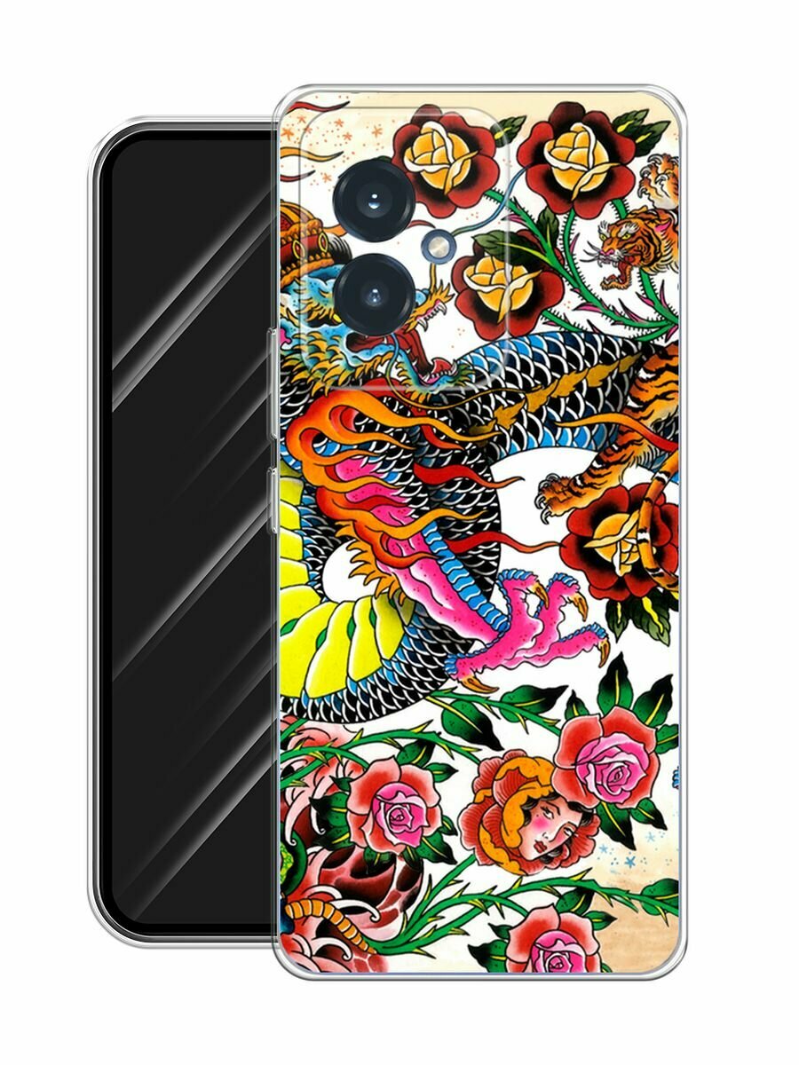 Силиконовый чехол на Honor 100 / Хонор 100 с принтом "Дракон в цветах" — фото 1
