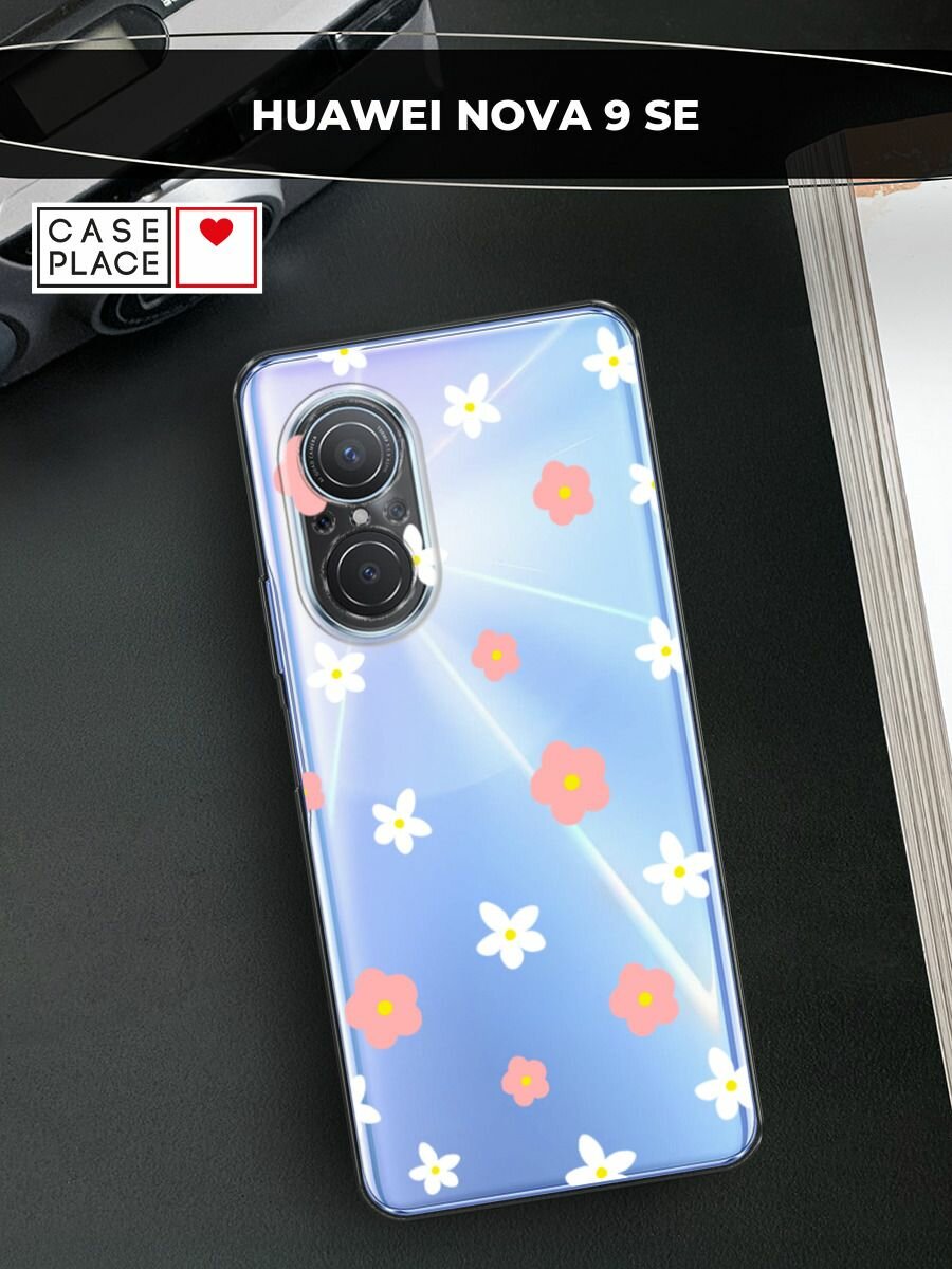 Чехол на Huawei Nova 9 SE / Хуавей Нова 9 SE с принтом "Розовые и белые цветы", прозрачный