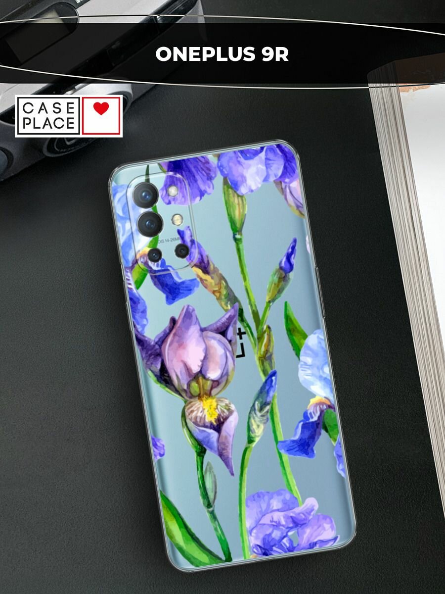 Чехол на OnePlus 9R / ВанПлас 9R с принтом "Синие ирисы", прозрачный