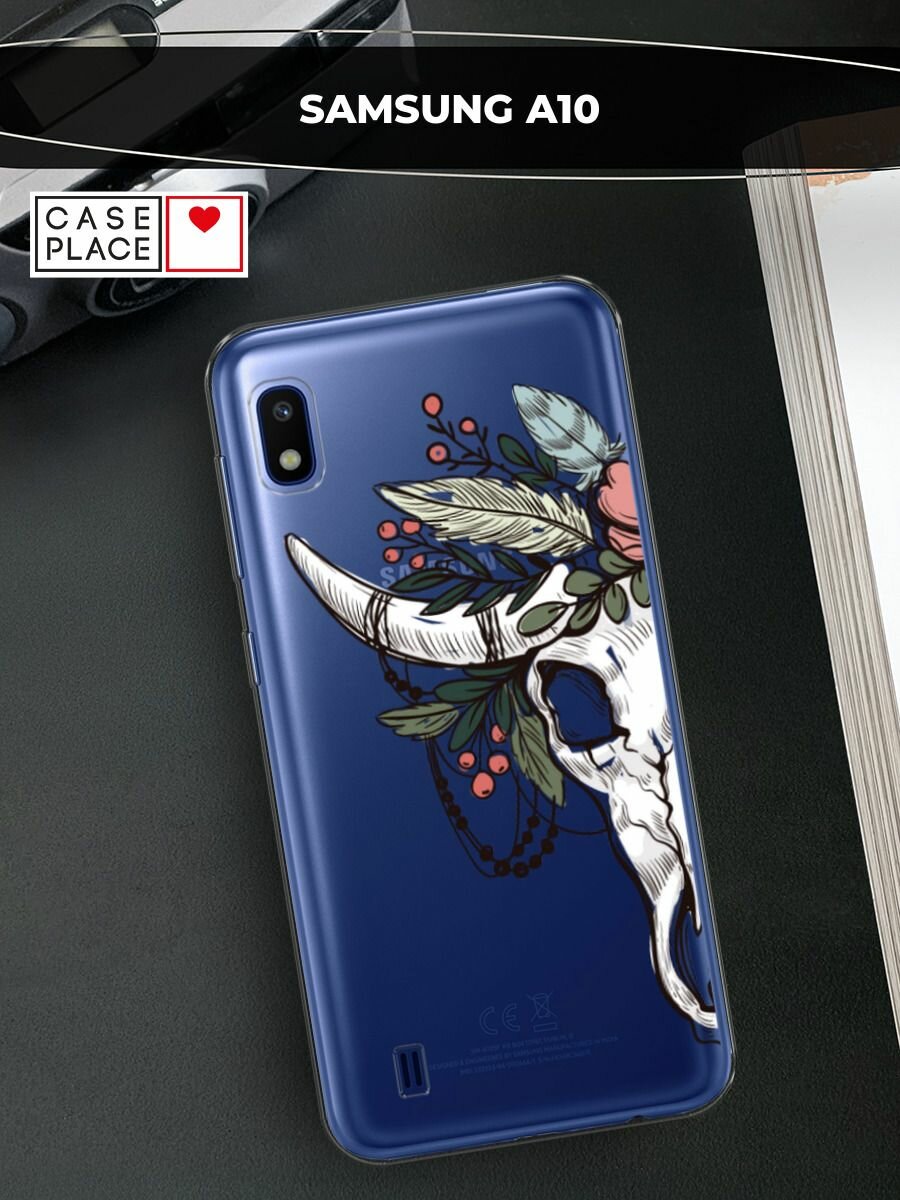 Чехол на Samsung Galaxy A10 / Самсунг Галакси А10 с принтом "Череп быка с цветами", прозрачный