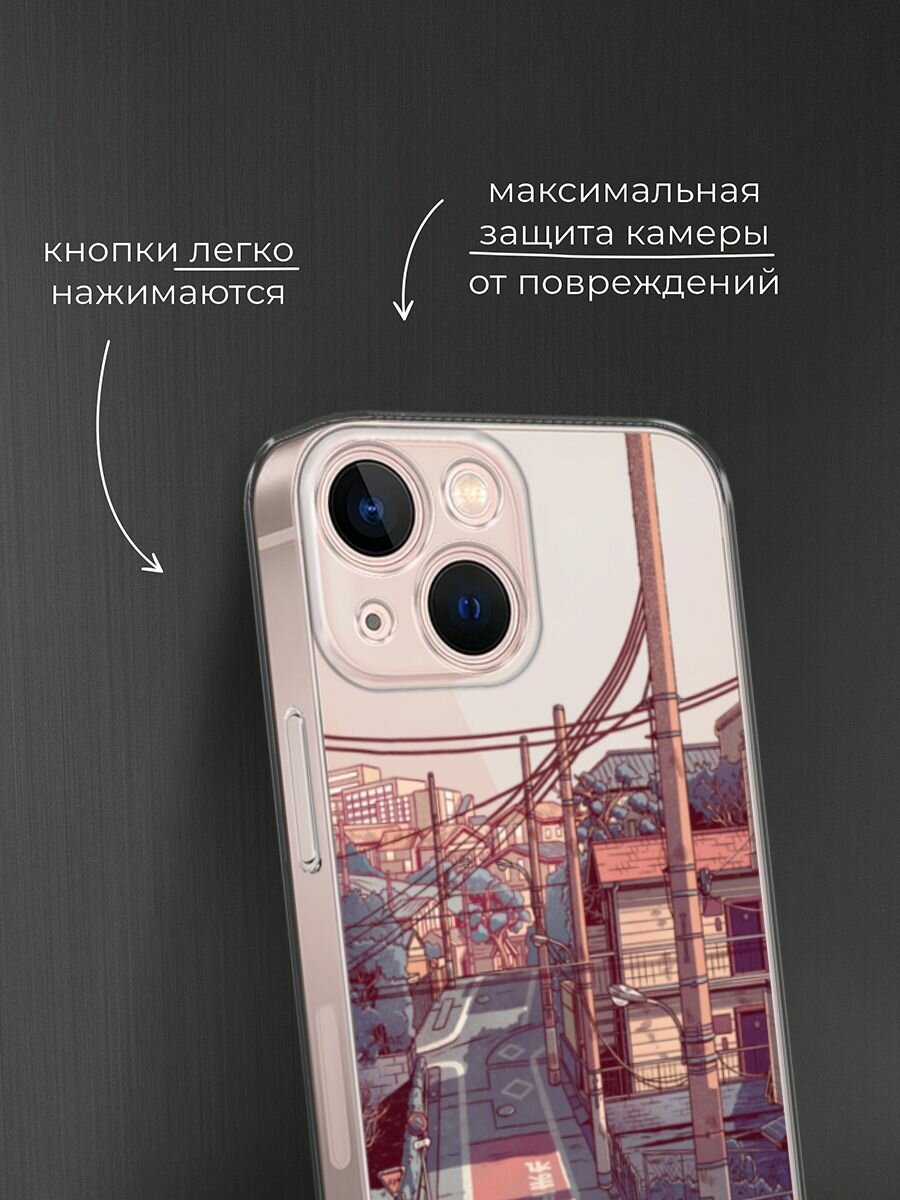 Чехол на Apple iPhone 13 mini / Айфон 13 мини с принтом "Закат на японской улице", прозрачный — фото 1