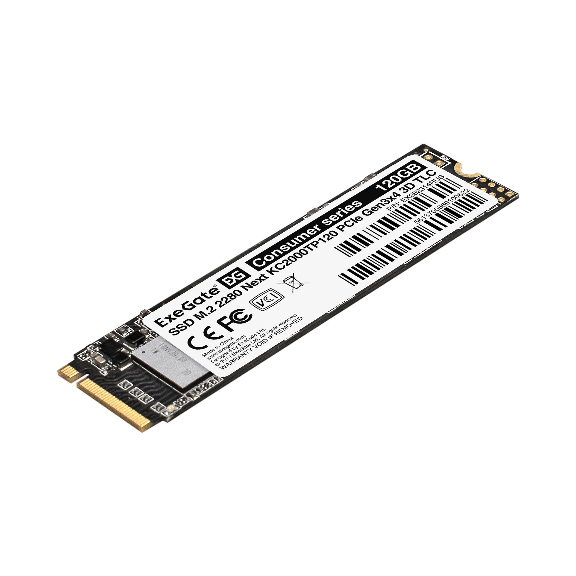 Накопитель SSD M.2 2280 PCIe 120GB ExeGate Next KC2000TP120 (PCIe Gen3x4, NVMe, 22x80mm, 3D TLC) EX282314RUS