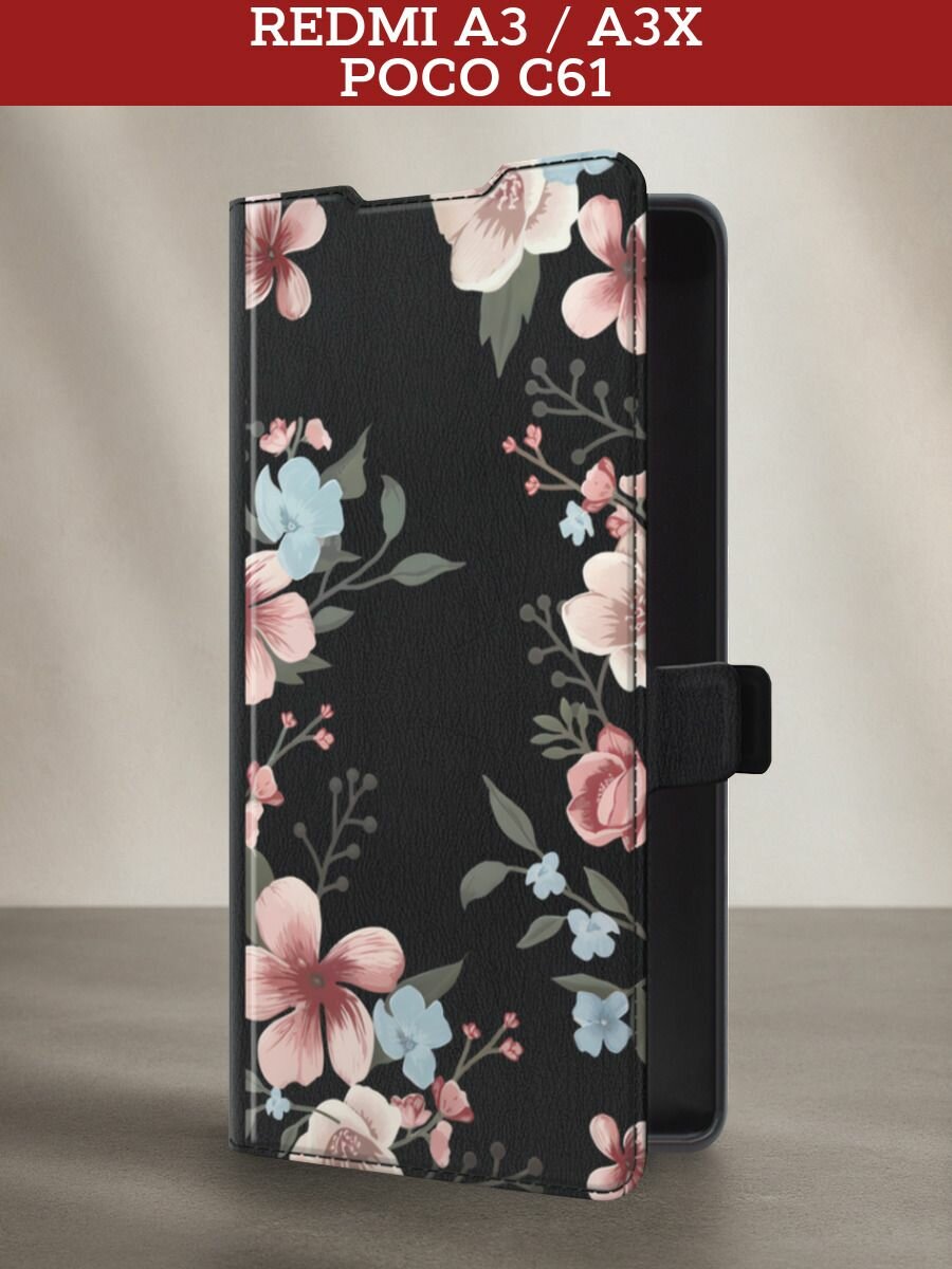 Чехол-книжка на Xiaomi Redmi A3/A3x/Poco C61 / Редми А3/Редми А3х/Поко С61 с рисунком "Нежная рамка из цветов"