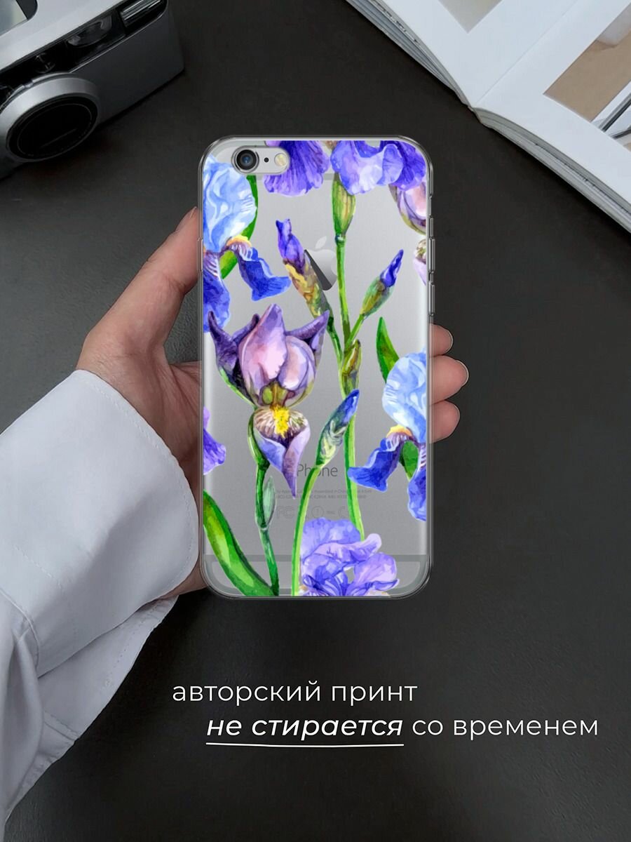 Чехол на Apple iPhone 6 / Айфон 6 с принтом "Синие ирисы", прозрачный — фото 1