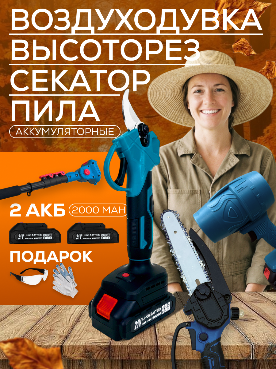 Садовый набор 4в1 высоторез пила секатор воздуходувка 2АКБ