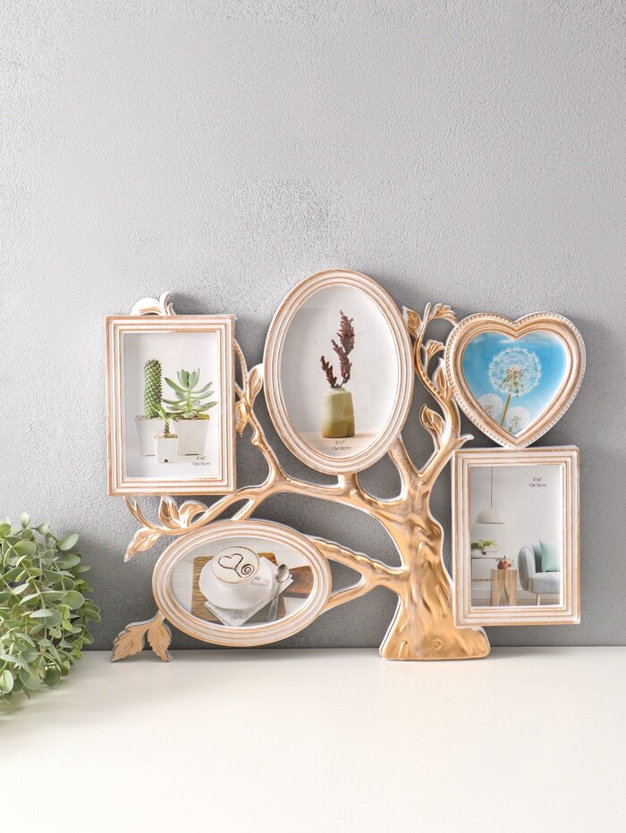 Фоторамка - коллаж на 5 фото 10×15 см, 13×13 см, 13×18 см «Старое дерево», пластик, белая с золотом, 46.5×37.5 см