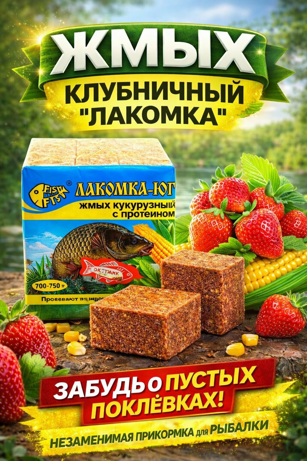 Жмых кукурузный с протеином Лакомка - "Клубника" 20 кубиков, кукурузный с протеином, прикормка для карпа и карася