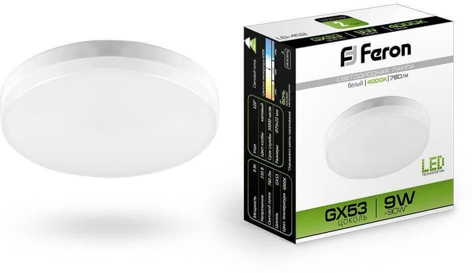 Лампа светодиодная Feron GX53 9W 4000K Таблетка Матовая LB-452 25829, цвет /, материал /