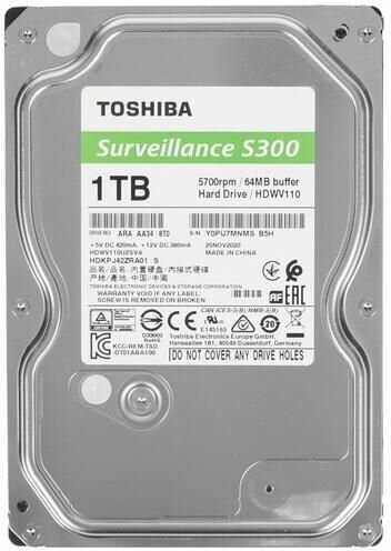 3.5" 1 ТБ Жесткий диск Toshiba S300 Surveillance (HDWV110UZSVA) - SATA III, 6 Гбит/с, 5700 об/мин, кэш память - 64 МБ