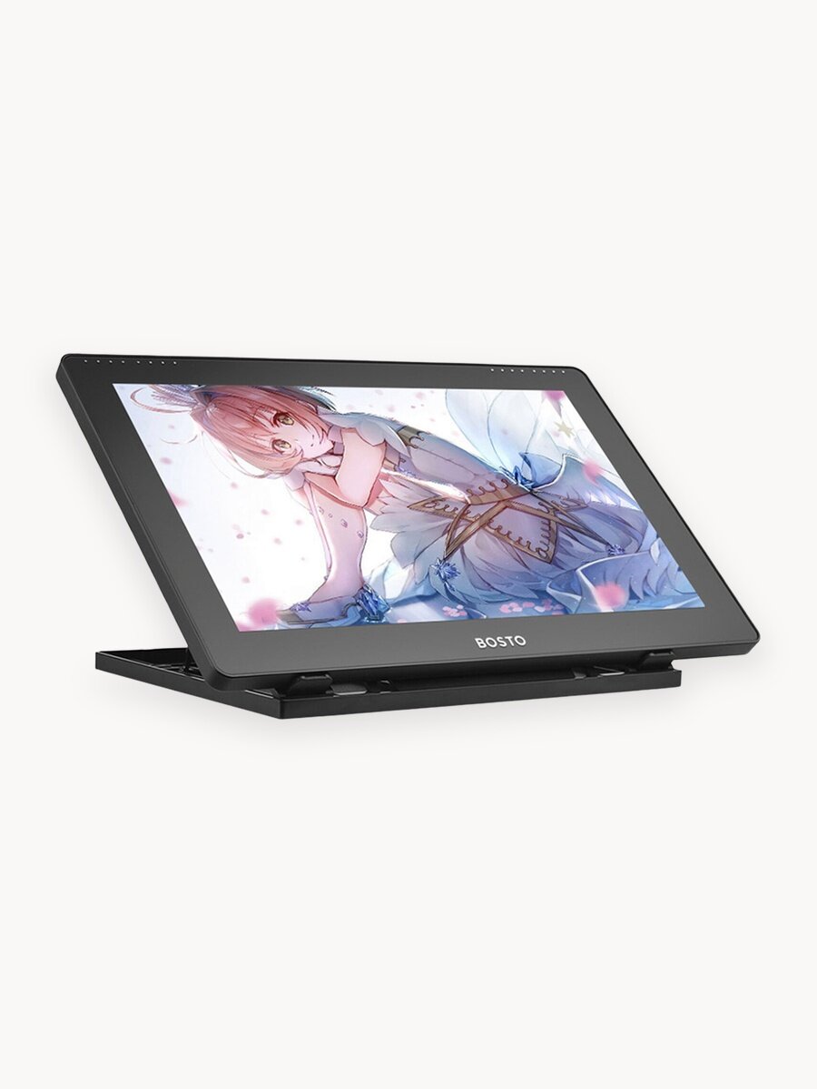 Графический планшет для рисования BOSTO 16HD 15,6 дюйма IPS с дисплеем, монитором 1920 * 1080, высоким разрешением, 8192 уровня нажатия, с перезаряжаемым стилусом/20 наконечников для пера/USB-диск 16 ГБ/перчатка/салфетка для протирки/регулируемая подставка