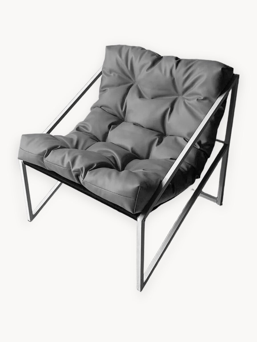 Кресло мягкое удобное для отдыха, уличное, на балкон, на веранду, в стиле лофт, минимализм, Слэш + кожзам серый