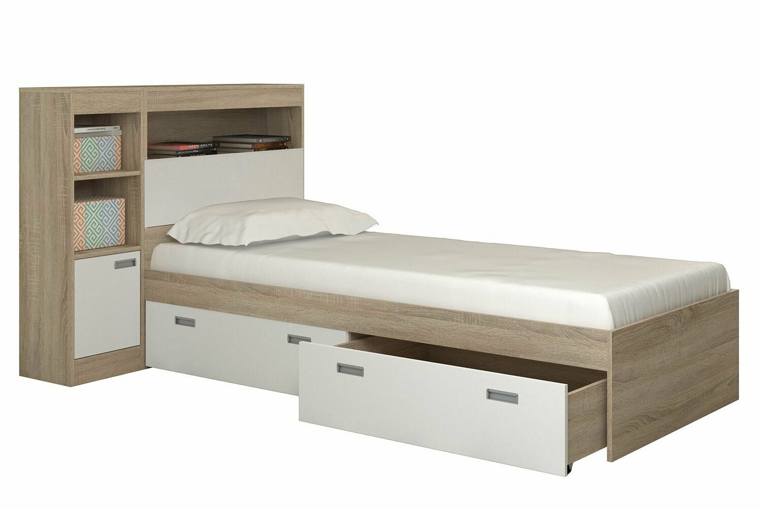 Кровать односпальная МногоМеб Бриз 7 90x200 с ящиками и тумбой, дуб сонома/белый гладкий