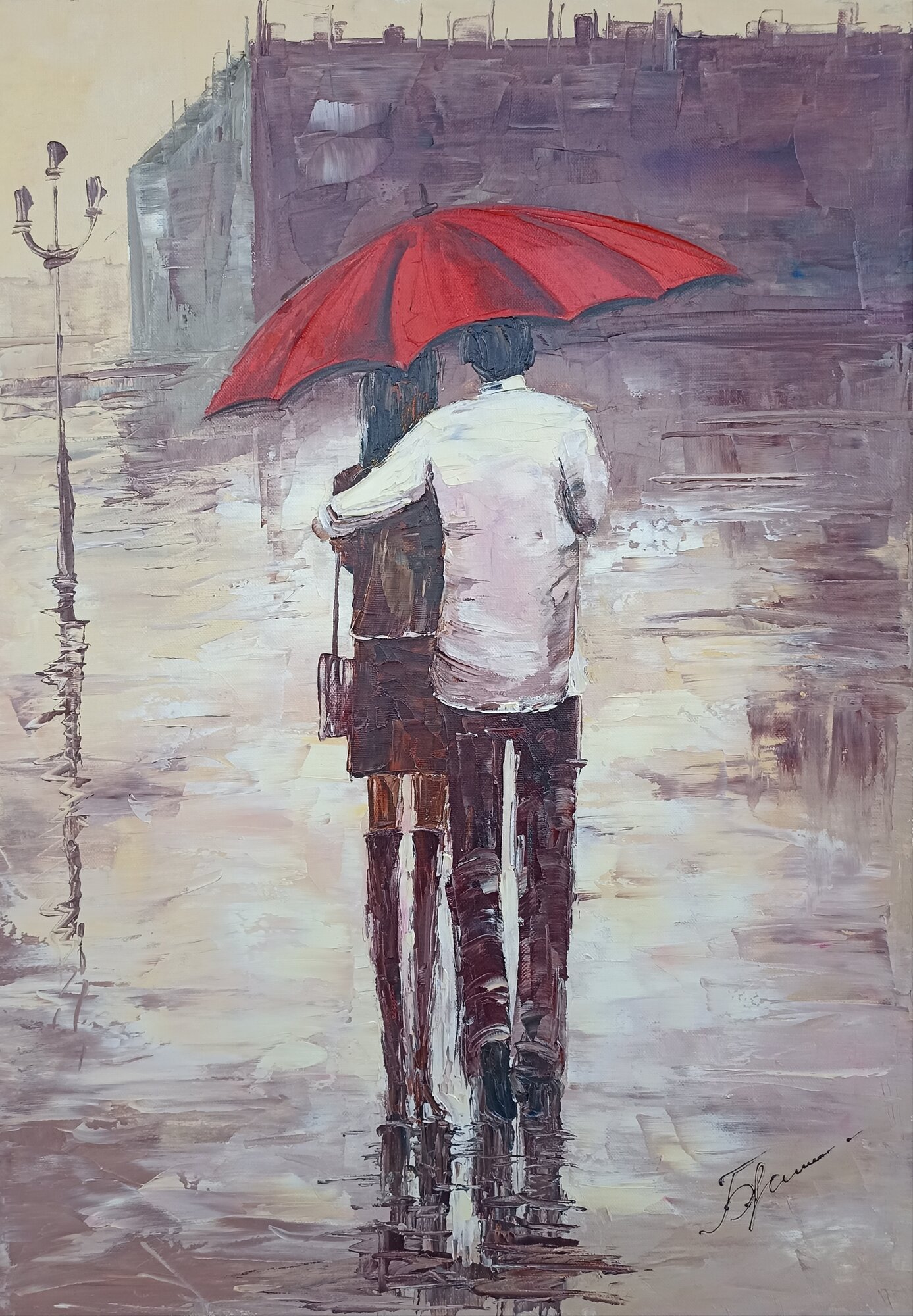 Картина масло/холст. 100% ручная работа, 100% живопись от Художественной мастерской Грёзы. Картина из серии "Люди". Импрессионизм. Городской пейзаж. Дождь. Парочка под зонтиком. Размер картины 50х70 см.