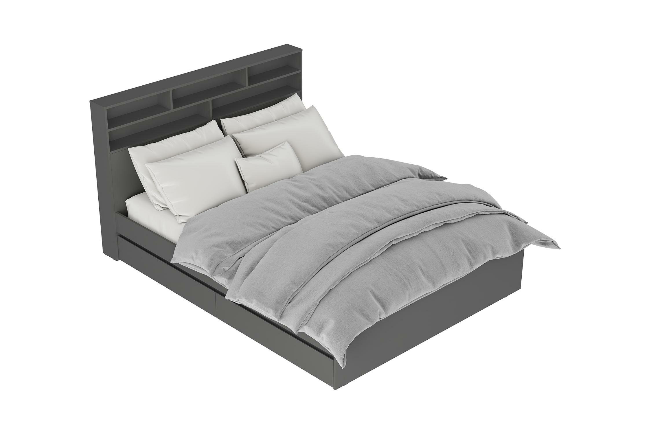 Кровать двуспальная Нонтон Симпл, 160x200 см, надстройка, 2 ящика, графит