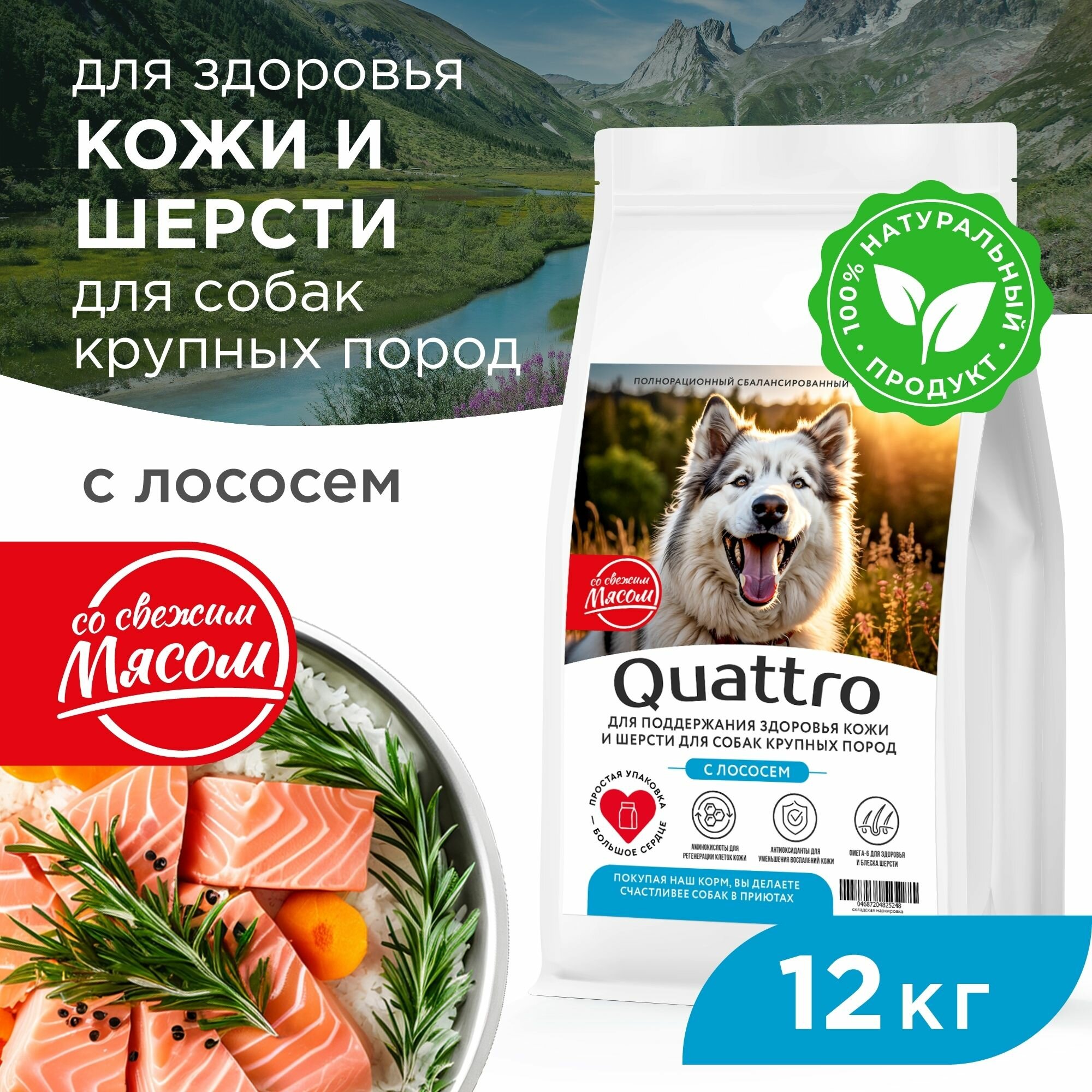 Корм сухой для взрослых собак крупных пород, премиум полнорационный комплекс, здоровье кожи и шерсти, с лососем, 12 кг, QUATTRO
