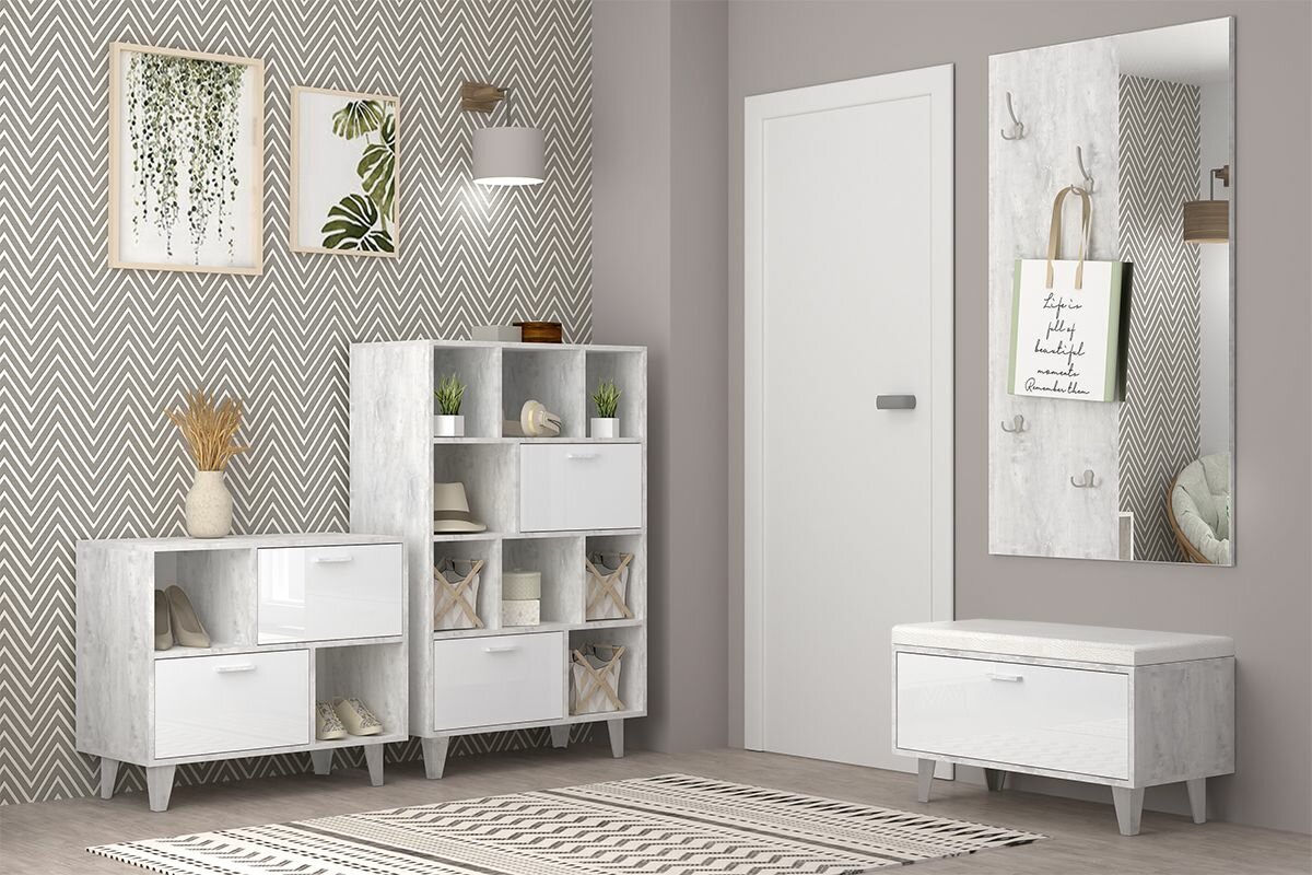 Комплект мебели для прихожей "Эго" МС (НГ) (композиция №2) Бетон Светлый/Белый Глянец