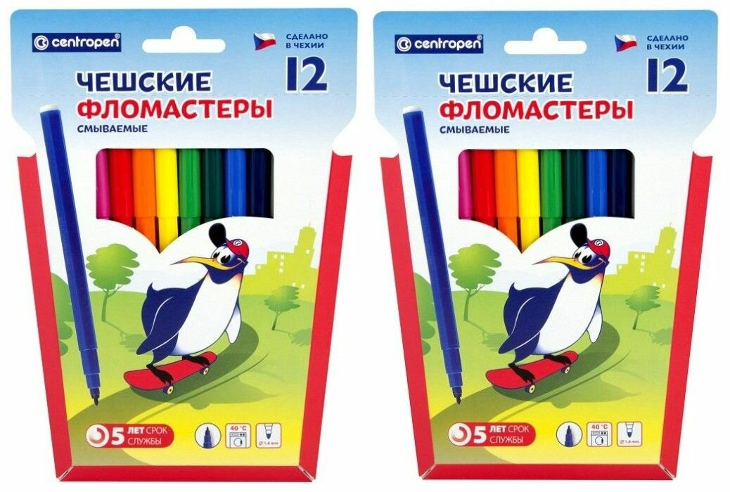 Centropen Фломастеры Пингвины классические 12 цветов шестигранные, 2 уп