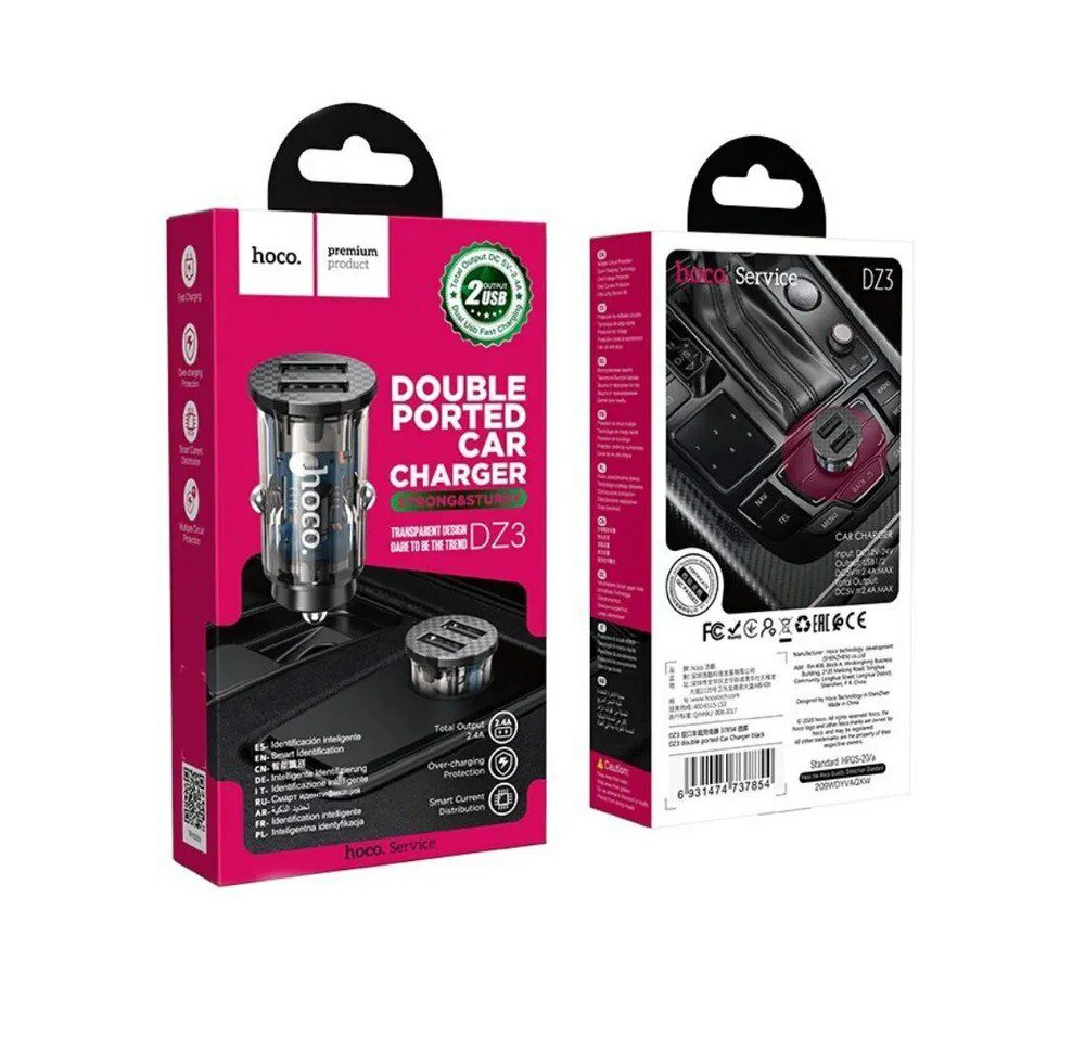 Автомобильное зарядное устройство hoco DZ3 / 2хUSB выхода 2A / прозрачный + черный карбон