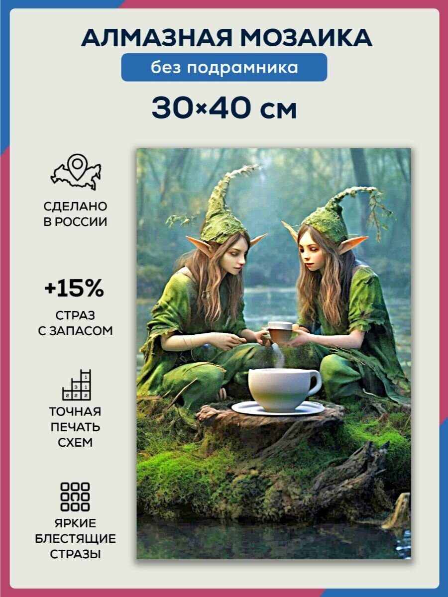 Алмазная мозаика 30x40 Эльфы пьют чай без подрамника