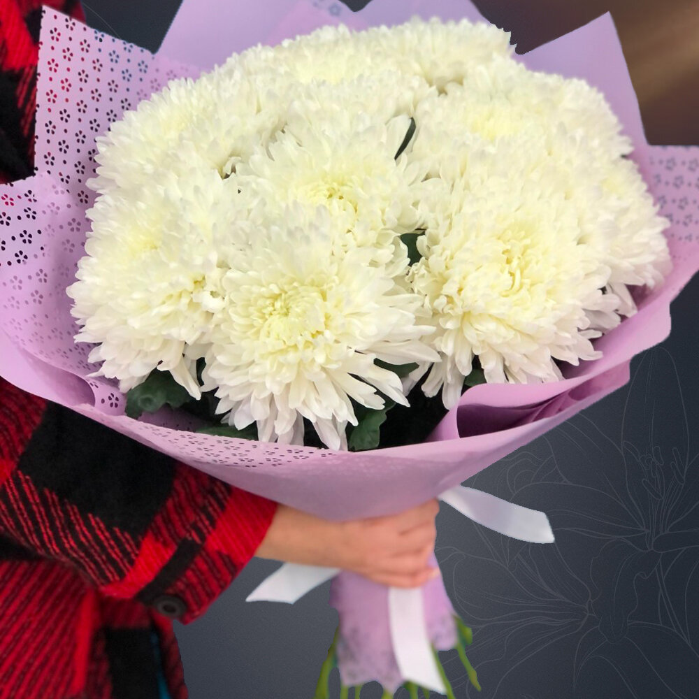 Классический букет из 11 белых хризантем в матовой пленке с атласной лентой от 2name Flowers