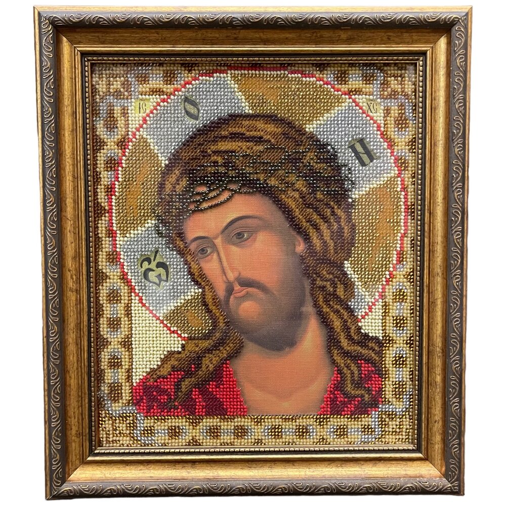 Икона вышитая бисером "Спас в терновом венце" 2015 г. Россия
