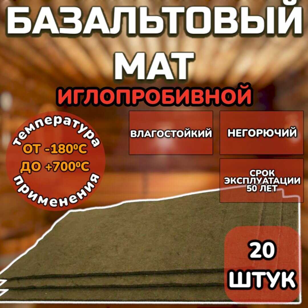 Базальтовый картон, мат (иглопробивной) 8мм 1000мм х 600мм, 20шт, огнеупорный для стен, бани и печей, аналог асбеста/войлока