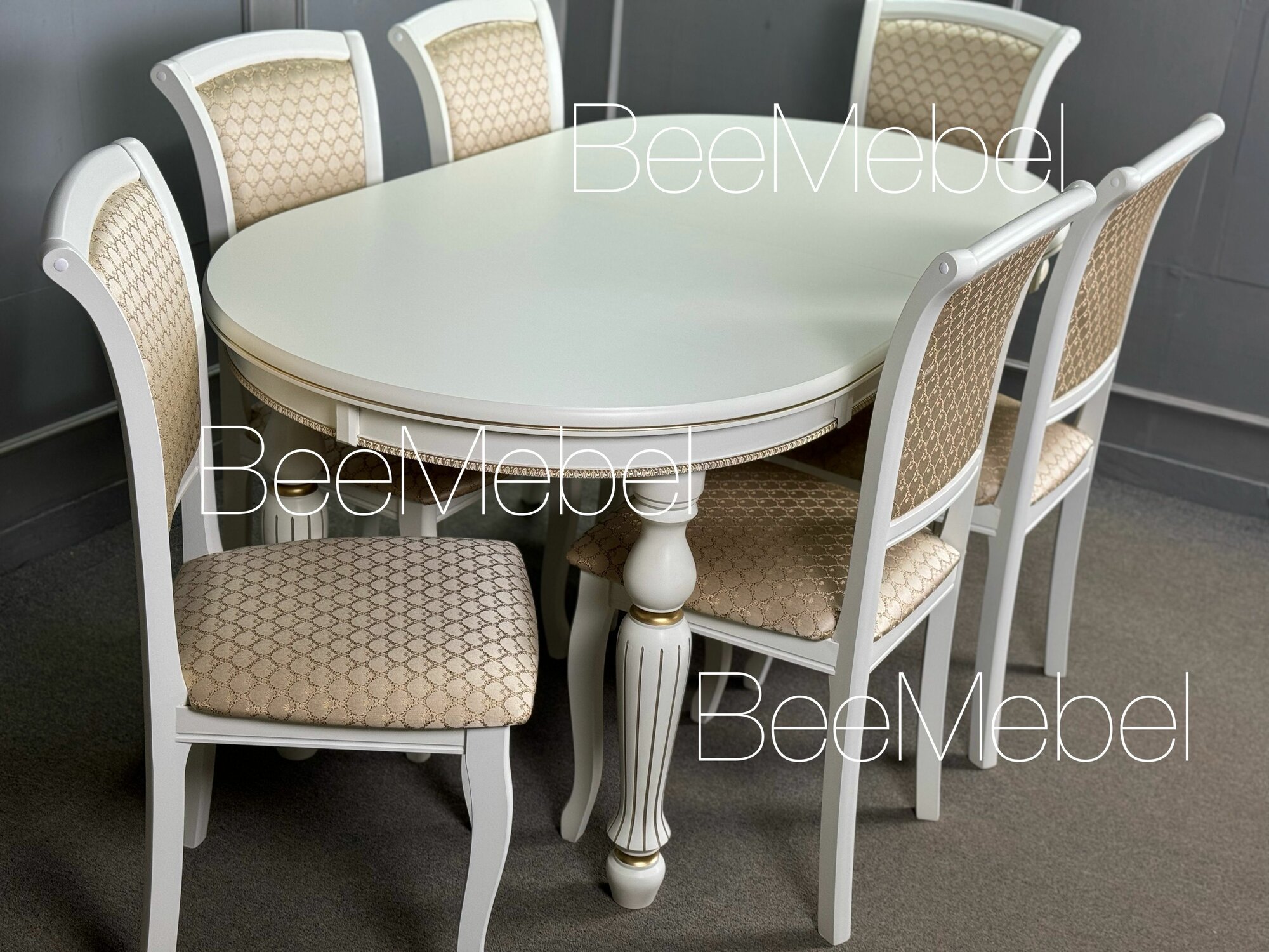 Обеденная группа, стол овальный 160/90 и 6 стульев. цвет слоновая кость