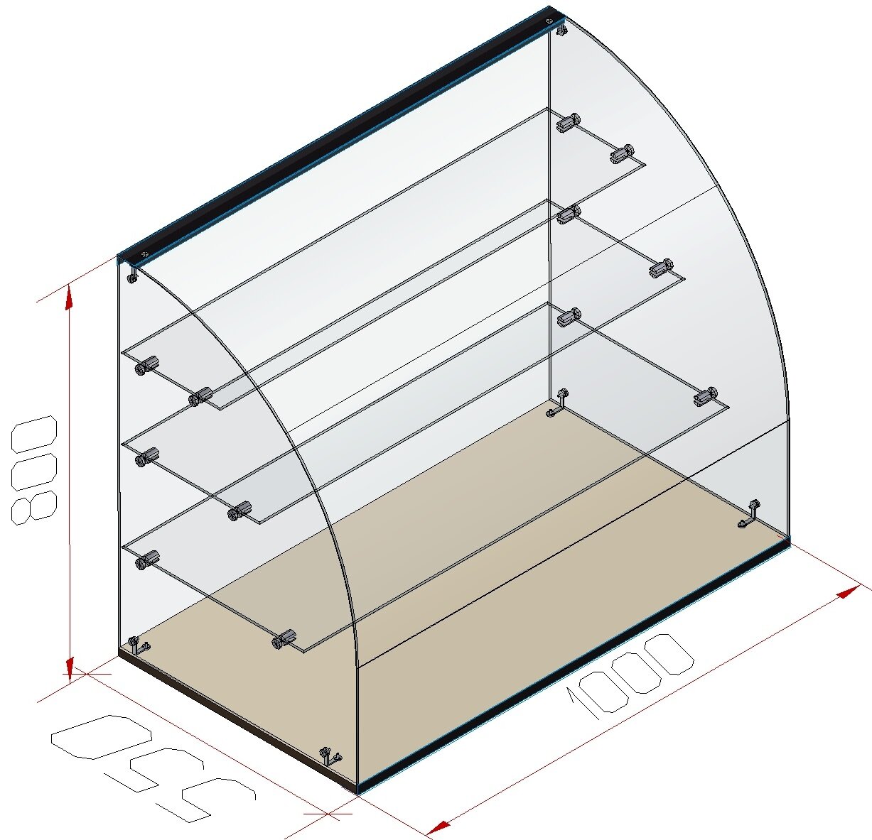 Витрина стеклянная настольная кондитерская для выпечки глубина 55 см. длина 100 см. высота 80 см. 3 полки с подсветкой