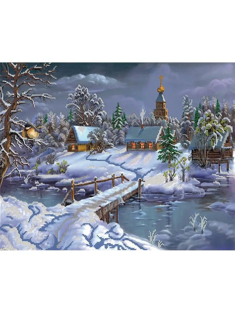 Набор для вышивания "Зимний вечер", бисером, 38x48 см, серебристая канва