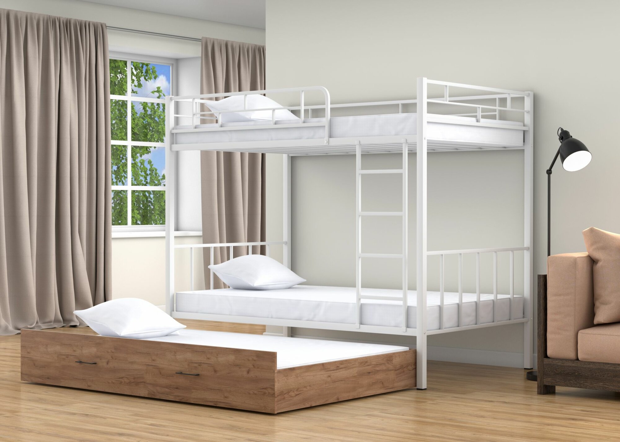 Двухъярусная кровать Валенсия 120 выкатная Белый/дуб крафт табак