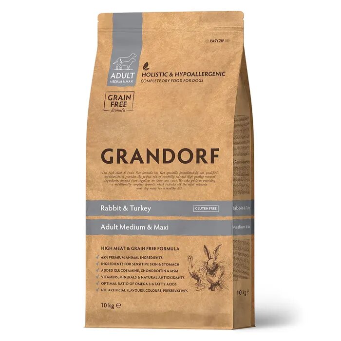 Корм для собак средних и крупных пород с кроликом и индейкой Grandorf, 10 кг