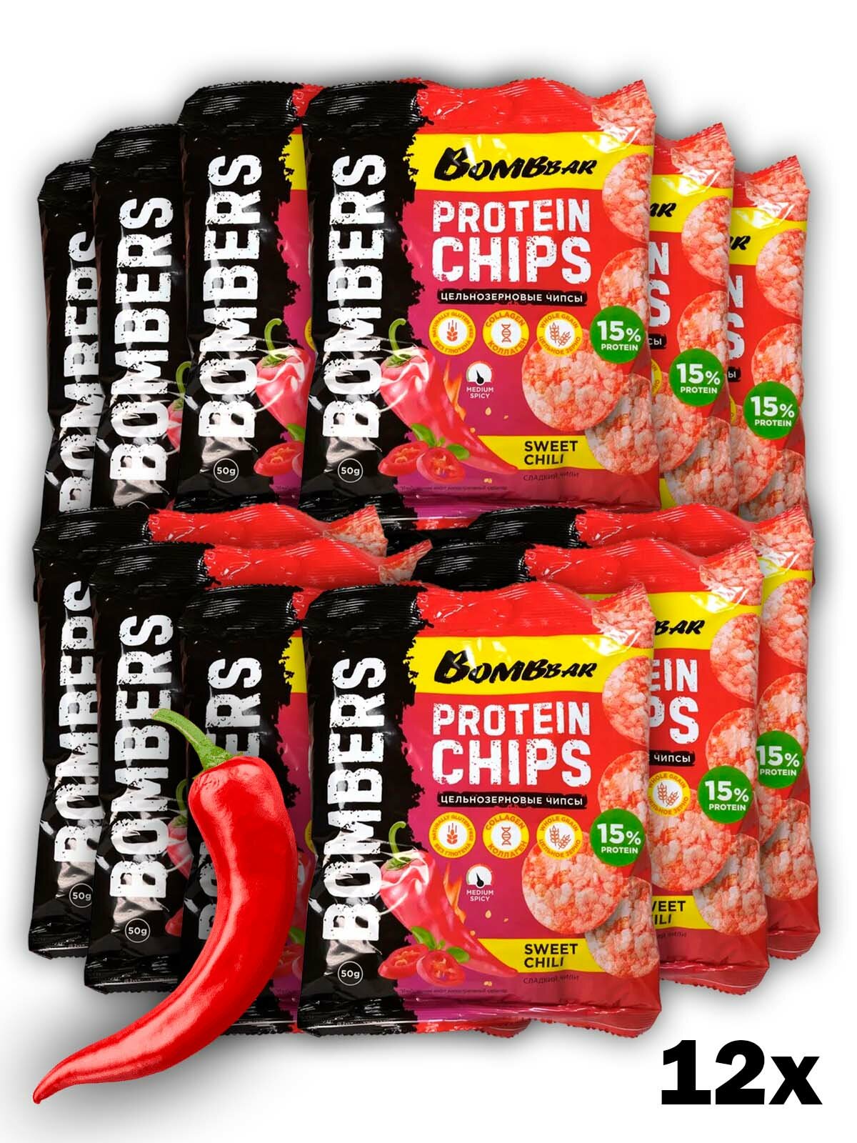 Чипсы BombBar Protein Chips 12 x 50 г, Сладкий чили
